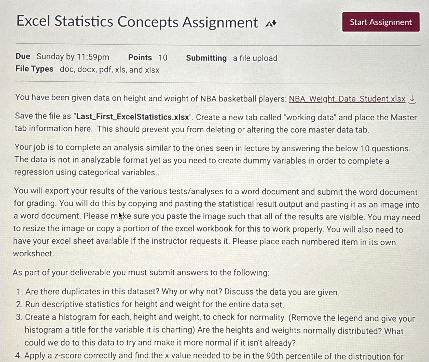 Solved Excel Statistics Concepts AssignmentDue Sunday by | Chegg.com