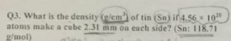 Solved Q3. ﻿What is ﻿the density (gcm3) of | Chegg.com