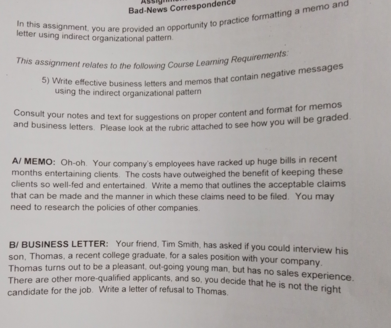 Solved Bad-News Corresponde letter using indirect | Chegg.com