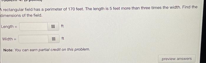 Solved rectangular field has a perimeter of 170 feet. The | Chegg.com