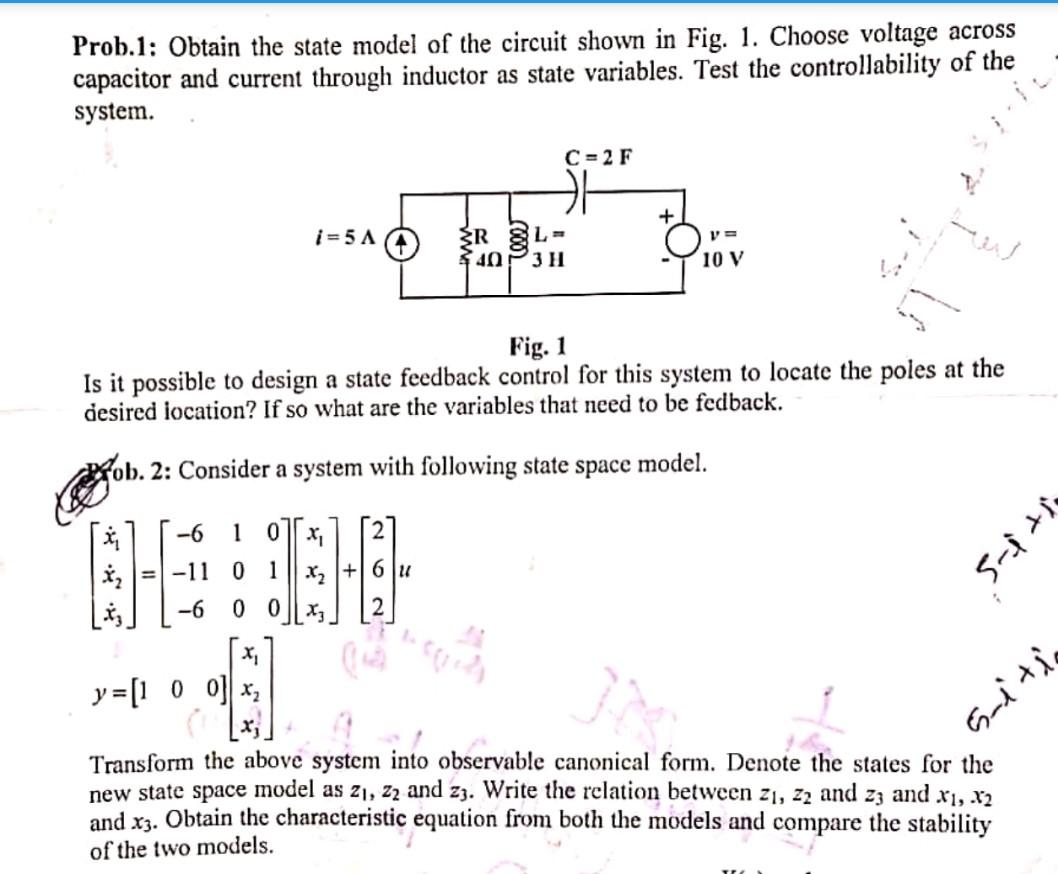 Solved Prob.1: Obtain the state model of the circuit shown | Chegg.com