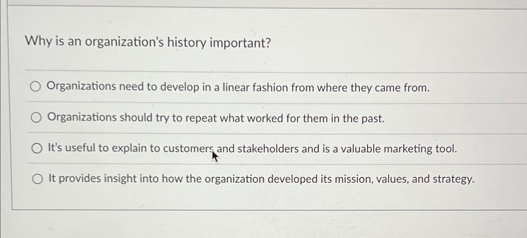 Solved Why is an organization's history | Chegg.com