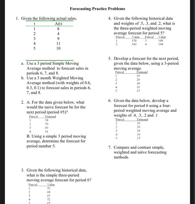 Solved Forecasting Practice Problems 1. Given the following | Chegg.com