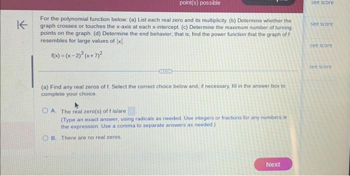 Solved For the polynomial function below: (a) List each real | Chegg.com