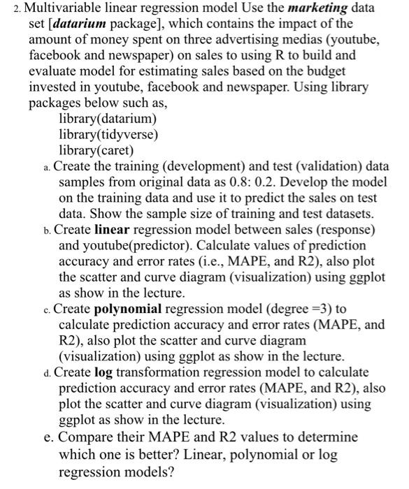 Solved 2. Multivariable linear regression model Use the | Chegg.com