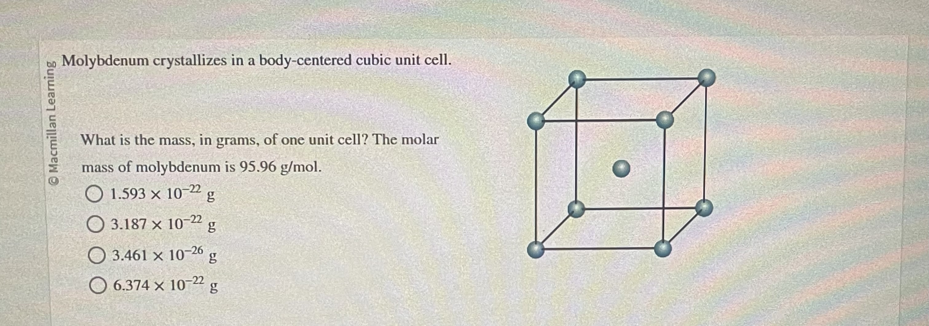 Solved Molybdenum crystallizes in a body-centered cubic unit | Chegg.com