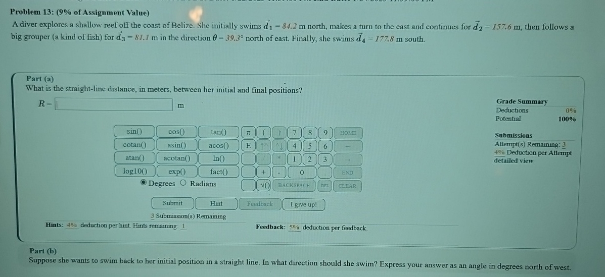 Problem 13: ( 9% ﻿of Assignment Value)A diver | Chegg.com