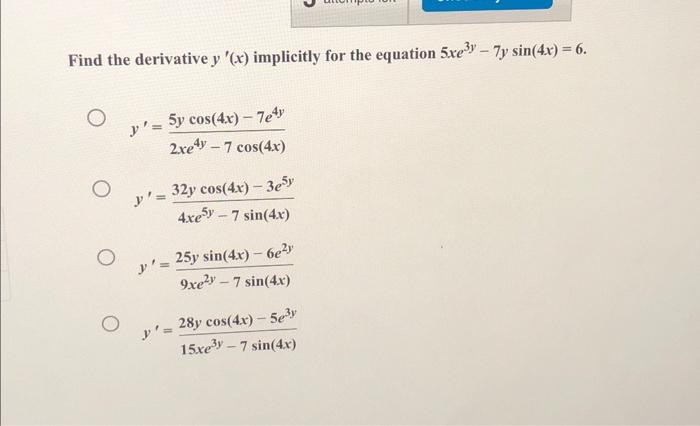 Solved Find the derivative y′(x) implicitly for the equation | Chegg.com