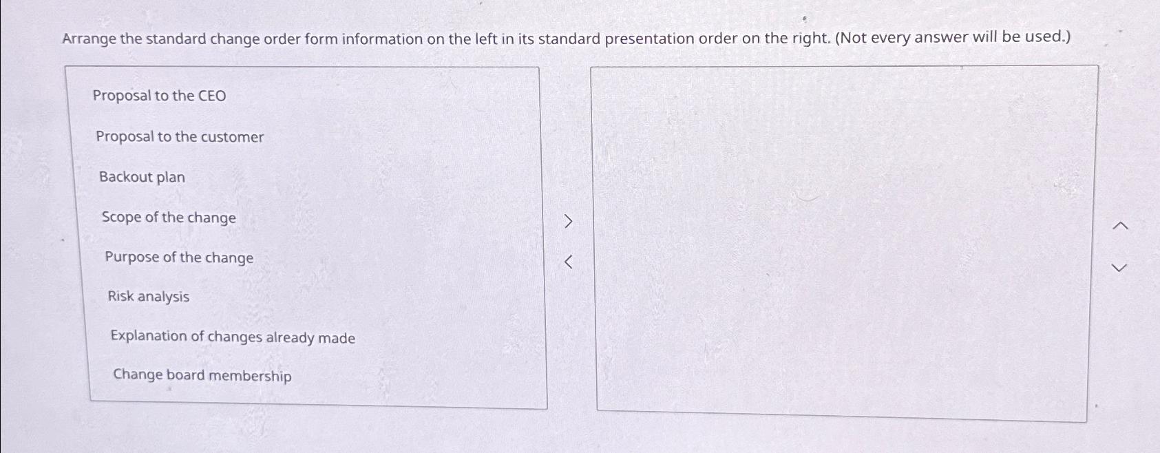 Solved Arrange the standard change order form information on | Chegg.com