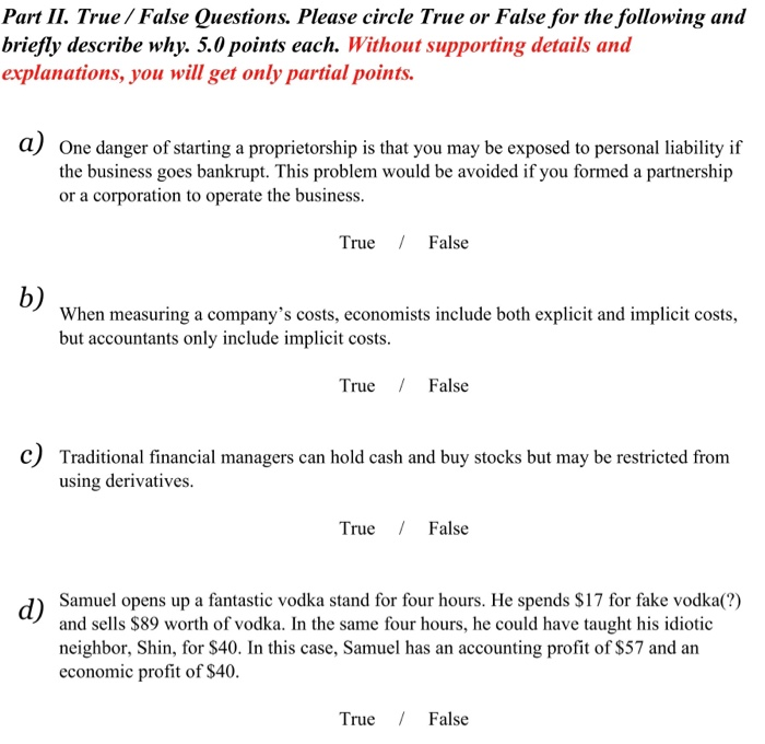 Solved Part II. True / False Questions. Please circle True | Chegg.com
