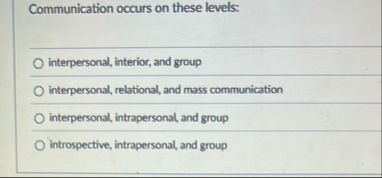 Solved Communication occurs on these levels:interpersonal, | Chegg.com