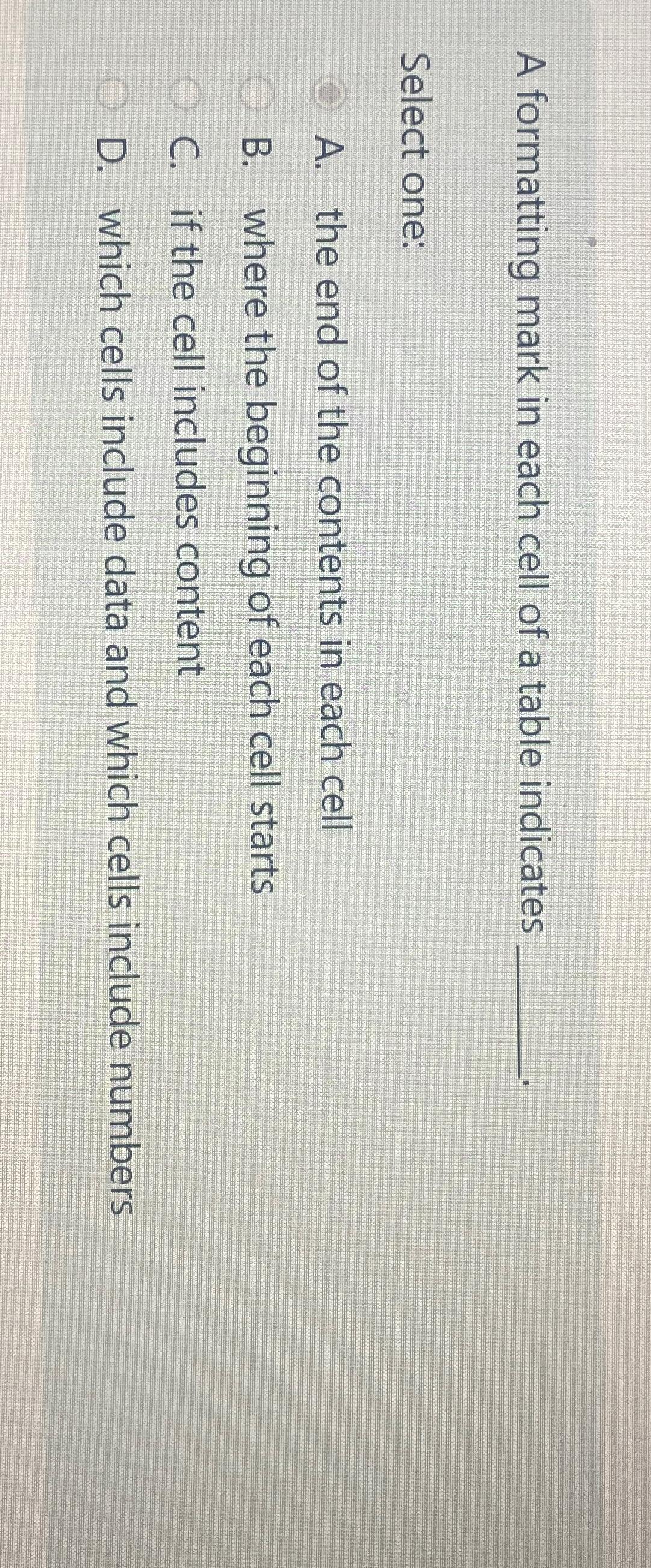 Solved A formatting mark in each cell of a table | Chegg.com