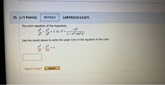 Solved The polar equation of the hyperbola a2x2−b2y2=1 is | Chegg.com