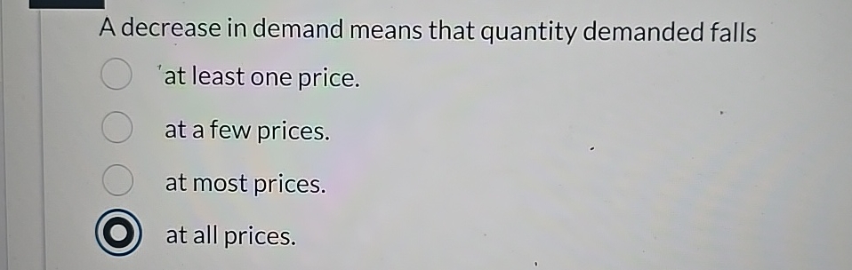 Solved A decrease in demand means that quantity demanded | Chegg.com