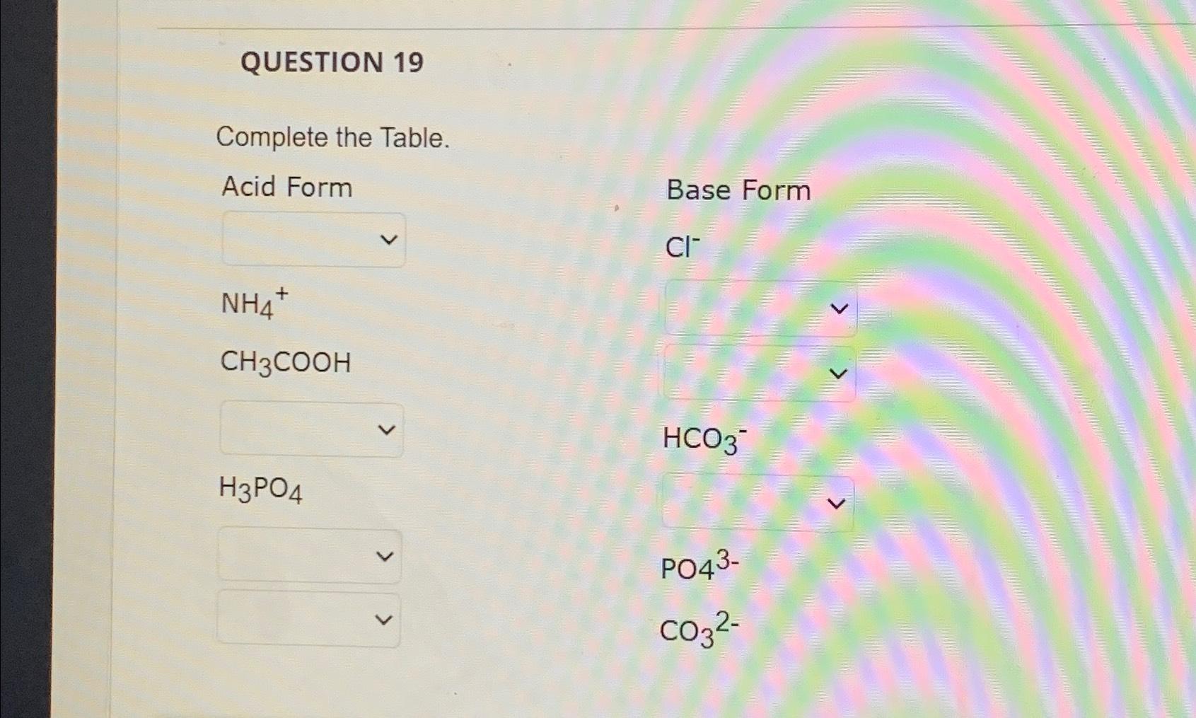 Solved QUESTION 19Complete the Table.Acid | Chegg.com