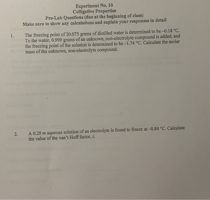 Solved Experiment No. 10 Colligative Properties Pre-Lab | Chegg.com