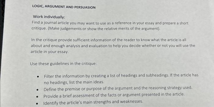 LOGIC, ARGUMENT AND PERSUASION Work individually: | Chegg.com