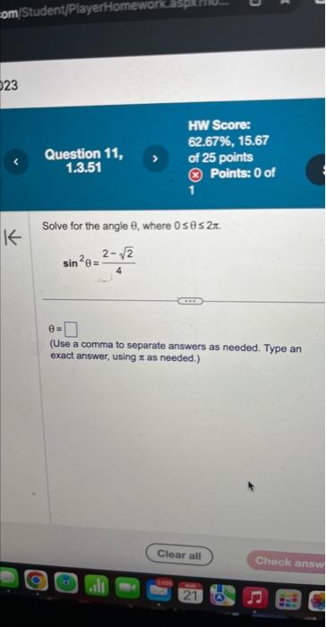 Solved Solve for the angle \\( \\theta \\), where \\( 0 | Chegg.com