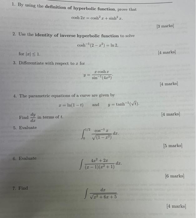 Solved 1. By using the definition of hyperbolic function, | Chegg.com