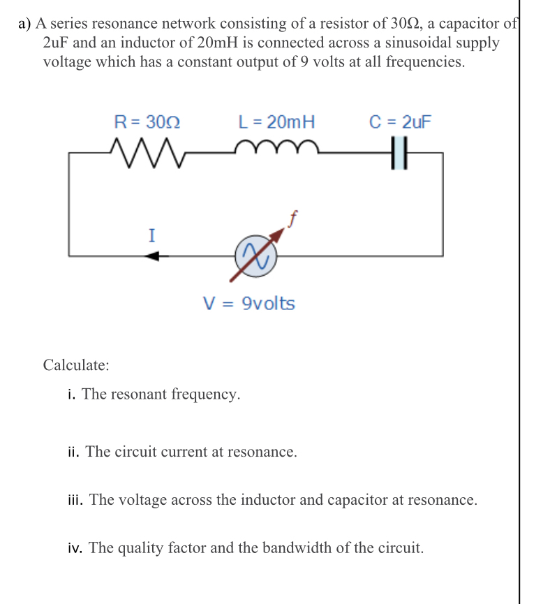 Solved a) ﻿A series resonance network consisting of a | Chegg.com