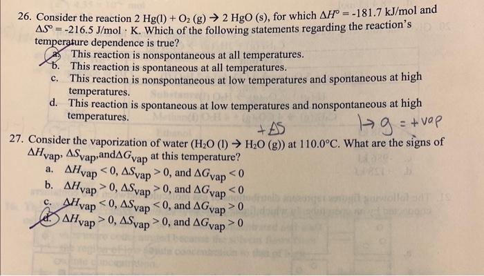 Solved 26. Consider the reaction 2Hg(l)+O2( g)→2HgO(s), for | Chegg.com