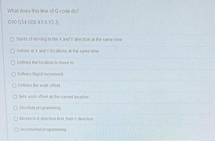 Solved What does this line of G code do? G90 G54 G00 X1.0 | Chegg.com