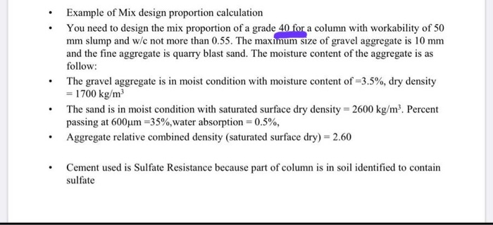 Solved Example of Mix design proportion calculation You need | Chegg.com