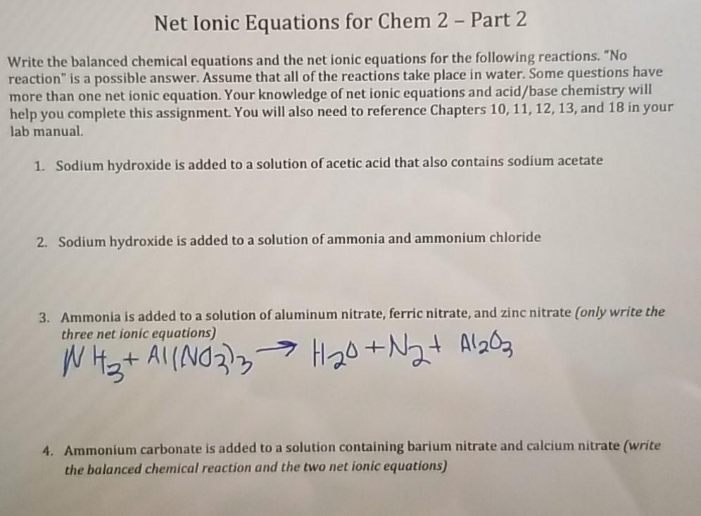 Solved Net Ionic Equations for Chem 2 - Part 2 Write the | Chegg.com