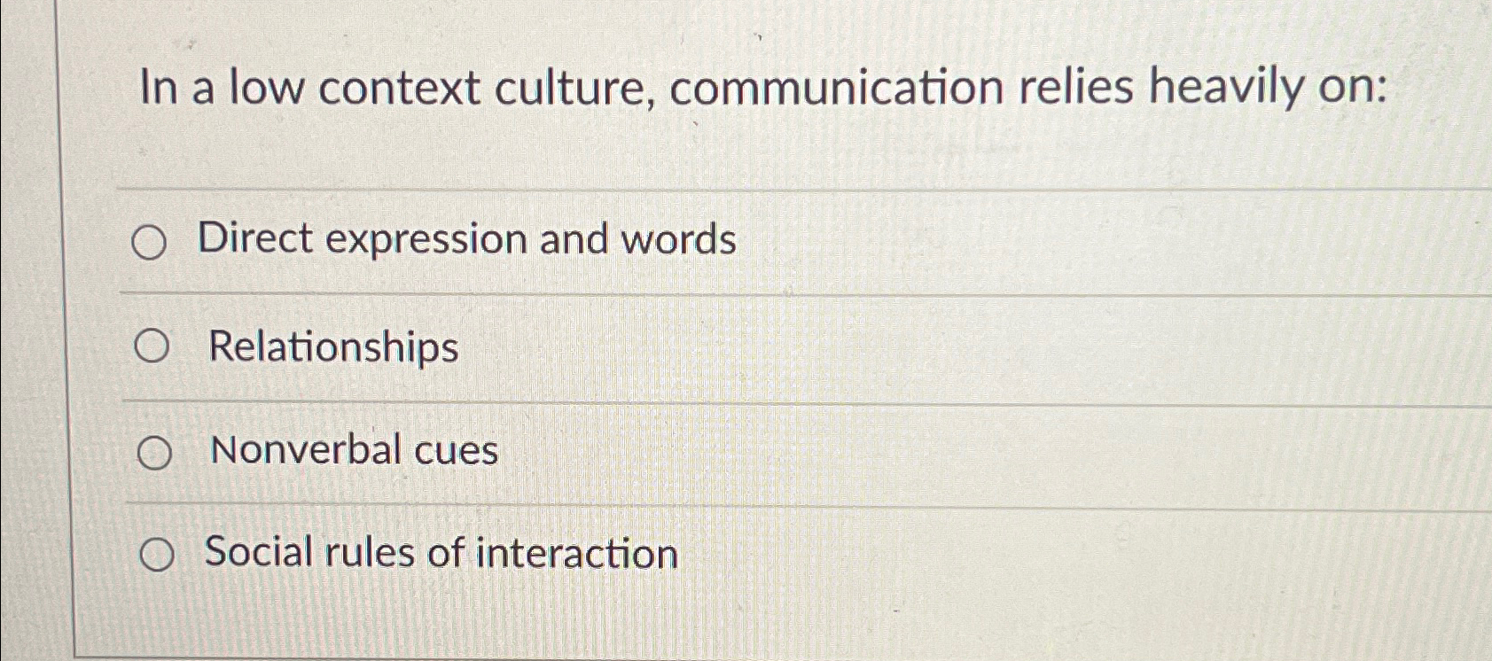In a low context culture, communication relies | Chegg.com