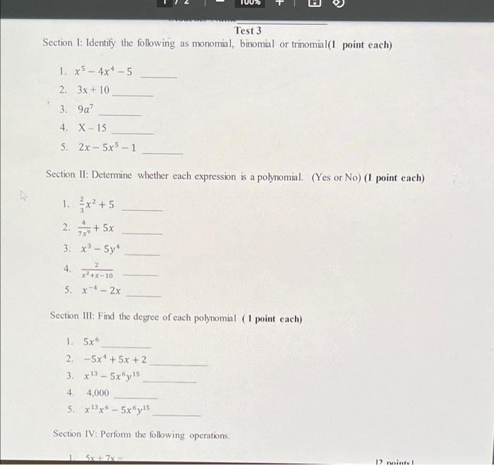 Solved Test 3 Section 1: Identify the following as monomial, | Chegg.com
