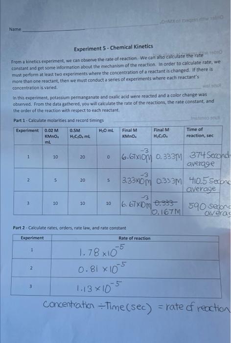Experiment 5 - Chemical Kinetics From a kinetics | Chegg.com