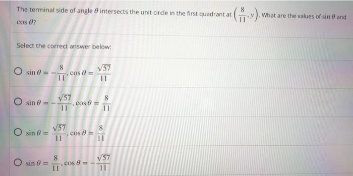 Solved The terminal side of angle intersects the unit circle | Chegg.com