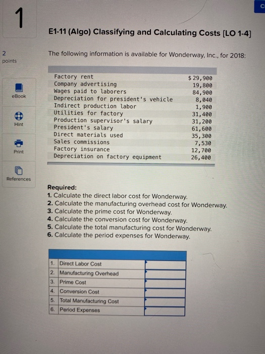 Solved C 1 E1-11 (Algo) Classifying and Calculating Costs | Chegg.com