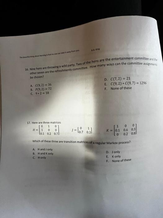 Solved 16. Nine hens are throwing a wild party. Two of the | Chegg.com