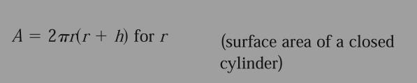 Solved A=2πr(r+h) for r (surface area of a closed cylinder) | Chegg.com