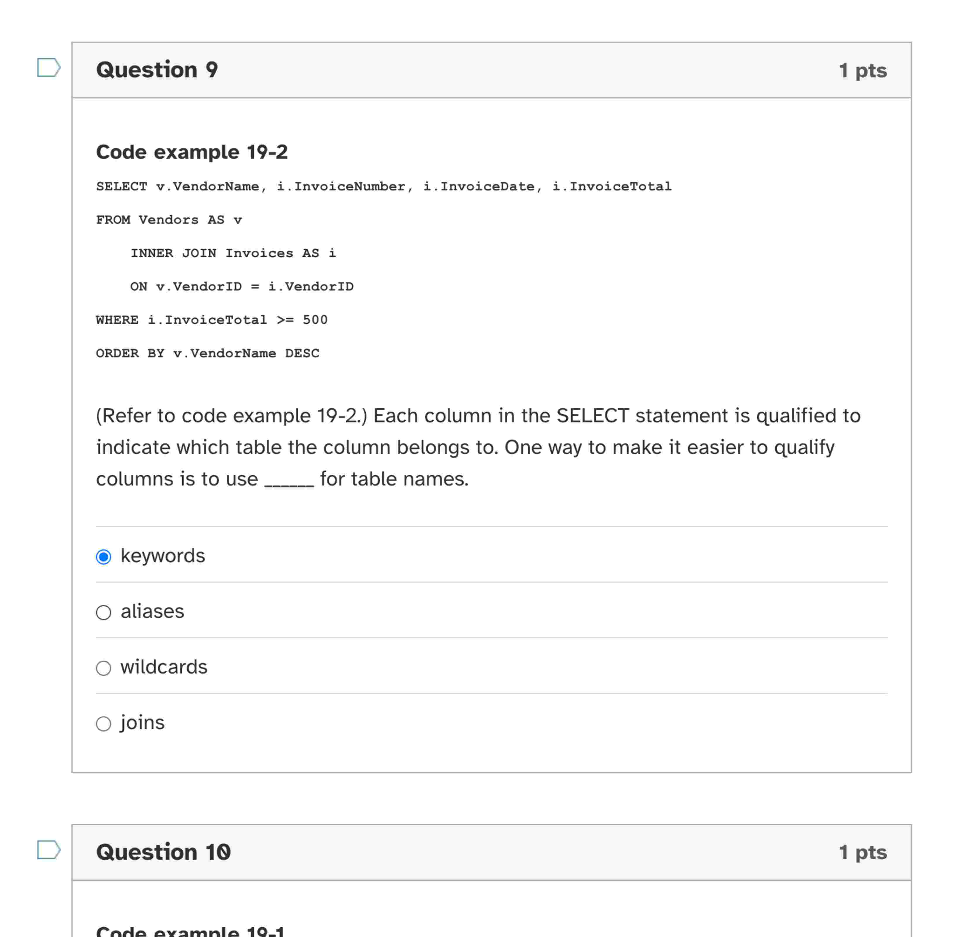 Solved Code example 19-2SELECT v.VendorName, | Chegg.com