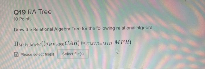 Solved Q19 RA Tree 10 Points Draw the Relational Algebra | Chegg.com