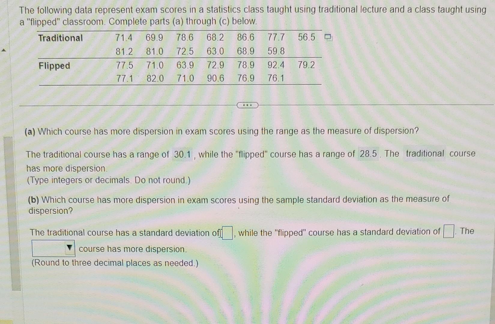 Solved The following data represent exam scores in a | Chegg.com