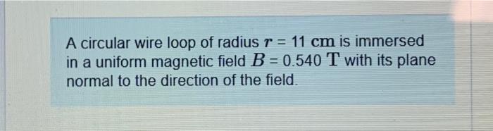 Solved A circular wire loop of radius r=11 cm is immersed in | Chegg.com