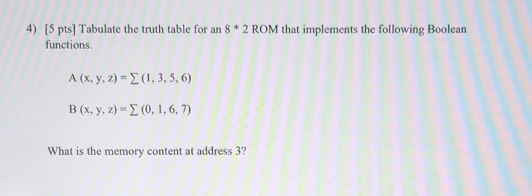 Solved 4) [5 pts] Tabulate the truth table for an 8∗2ROM | Chegg.com