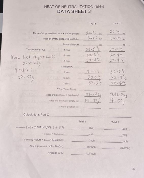 Solved HEAT OF NEUTRALIZATION ( HR) DATA SHEET 3HEAT OF | Chegg.com