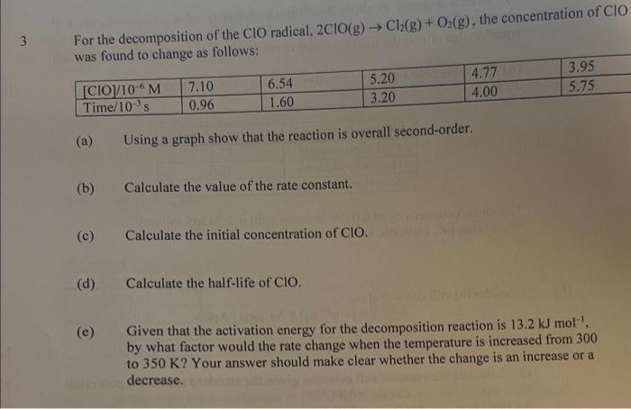 Solved For the decomposition of the ClO radical, | Chegg.com