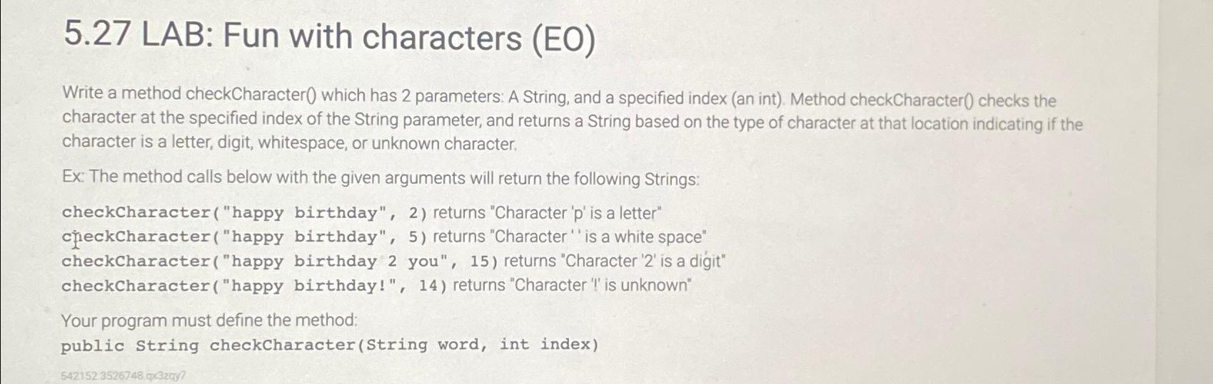 5.27 ﻿LAB: Fun with characters (EO)Write a method | Chegg.com