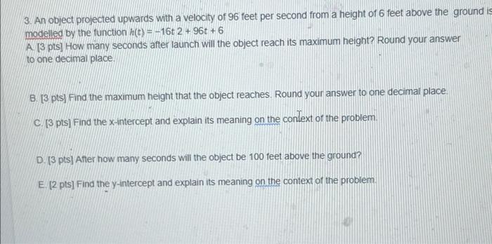 Solved 3 An Object Projected Upwards With A Velocity Of 96