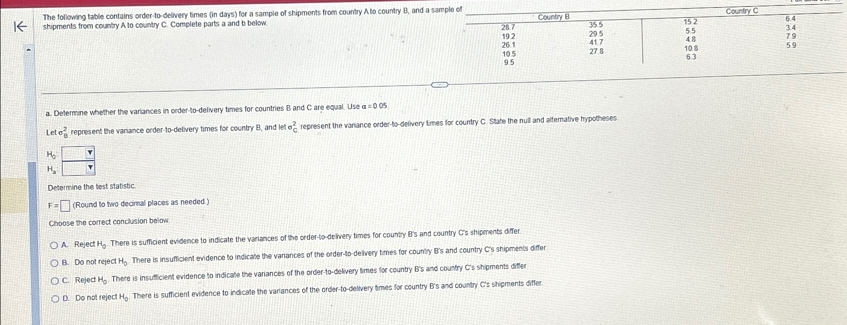 Solved The following table contains order-to-delivery times | Chegg.com