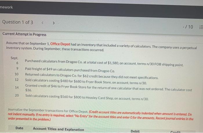 Solved mework Question 1 of 3 -/10 Current Attempt in | Chegg.com