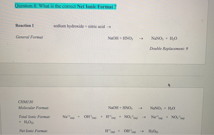Solved Question 8: What is the correct Net Ionic Format ? | Chegg.com