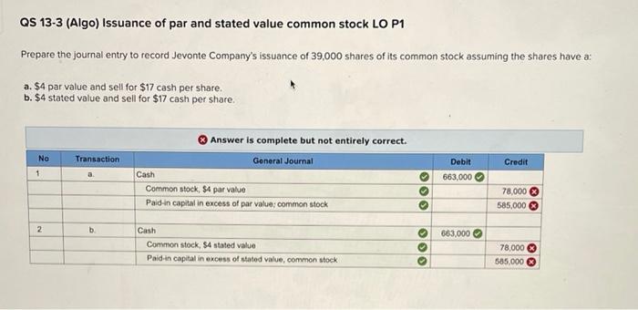 Solved QS 13-3 (Algo) Issuance of par and stated value | Chegg.com