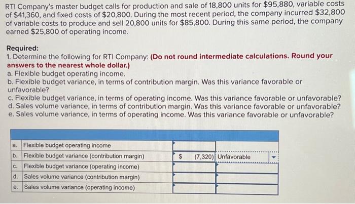 Solved RTI Company's master budget calls for production and | Chegg.com