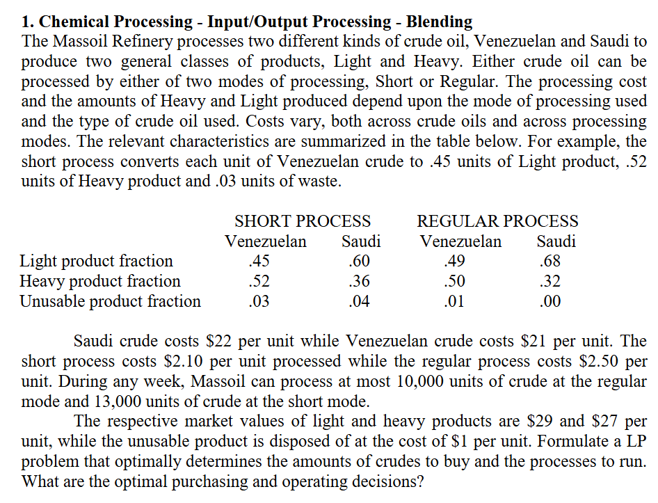 Solved 1. ﻿Chemical Processing - ﻿Input/Output Processing - | Chegg.com